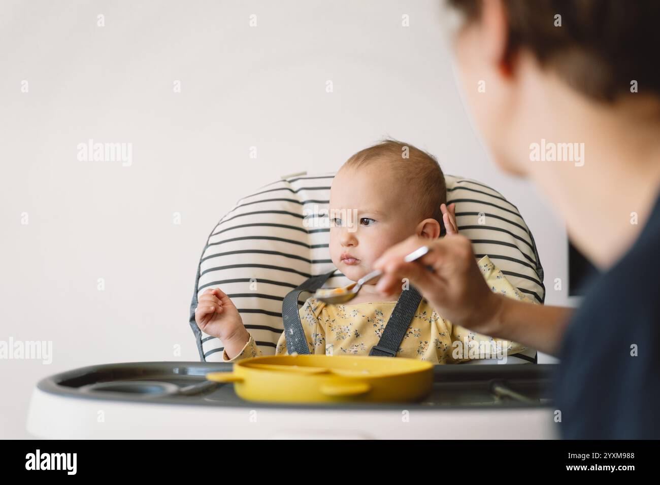 Baby Girl Being Fed In A High Chair By An Adult Stock Photo - Alamy