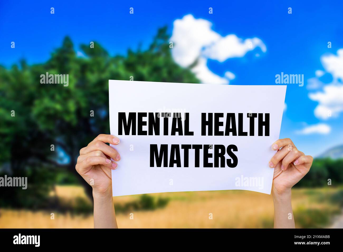 Mental health matters message written on white paper with nature ...