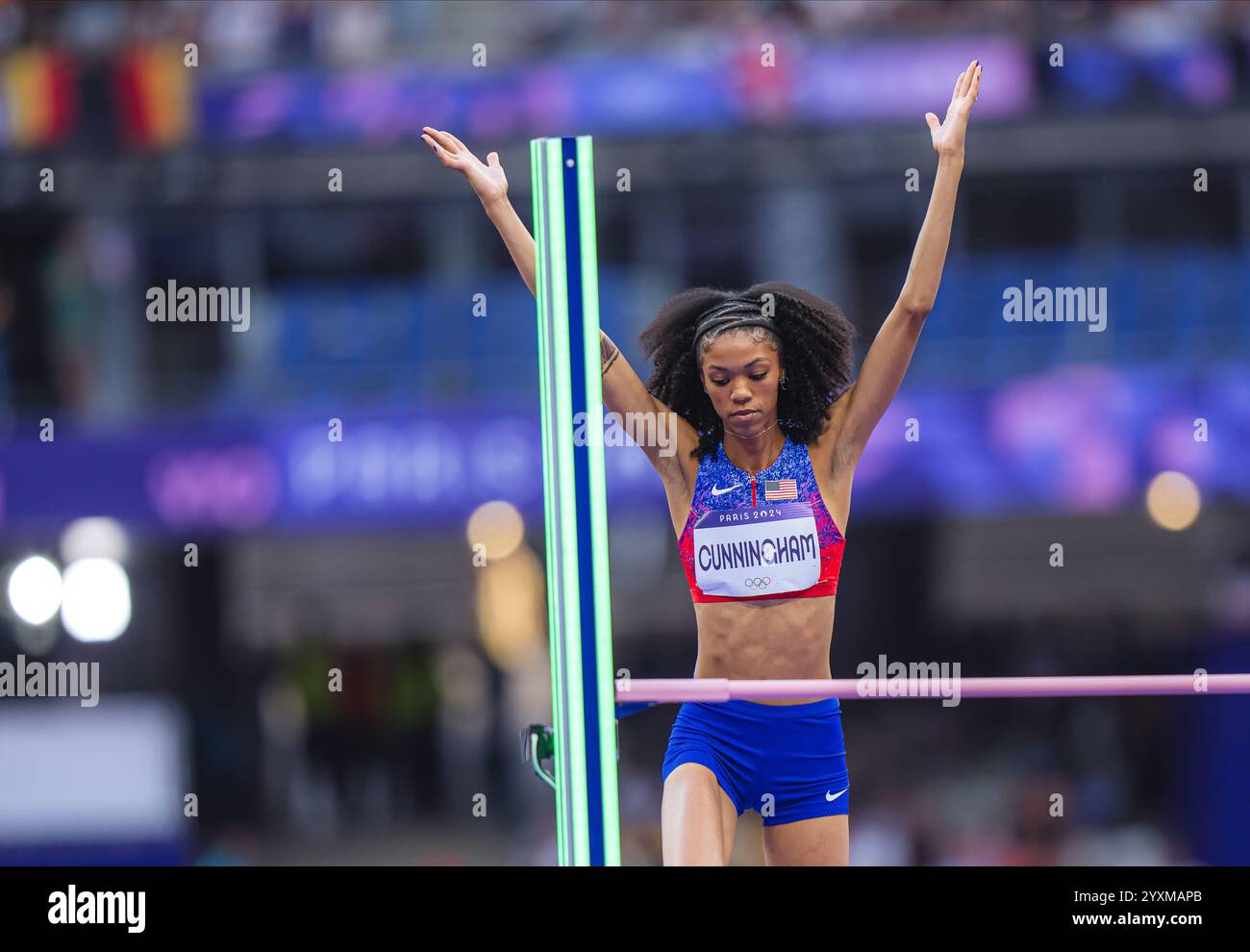 Vashti Cunningham participating in the high jump at the Paris 2024 ...
