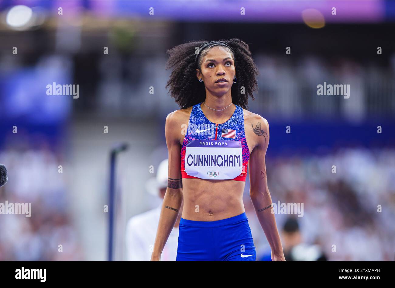 Vashti Cunningham participating in the high jump at the Paris 2024 ...