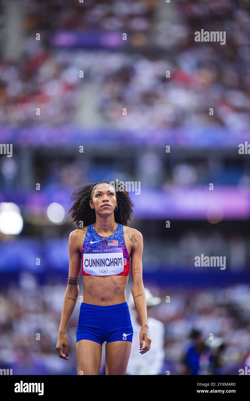 Vashti Cunningham participating in the high jump at the Paris 2024 ...