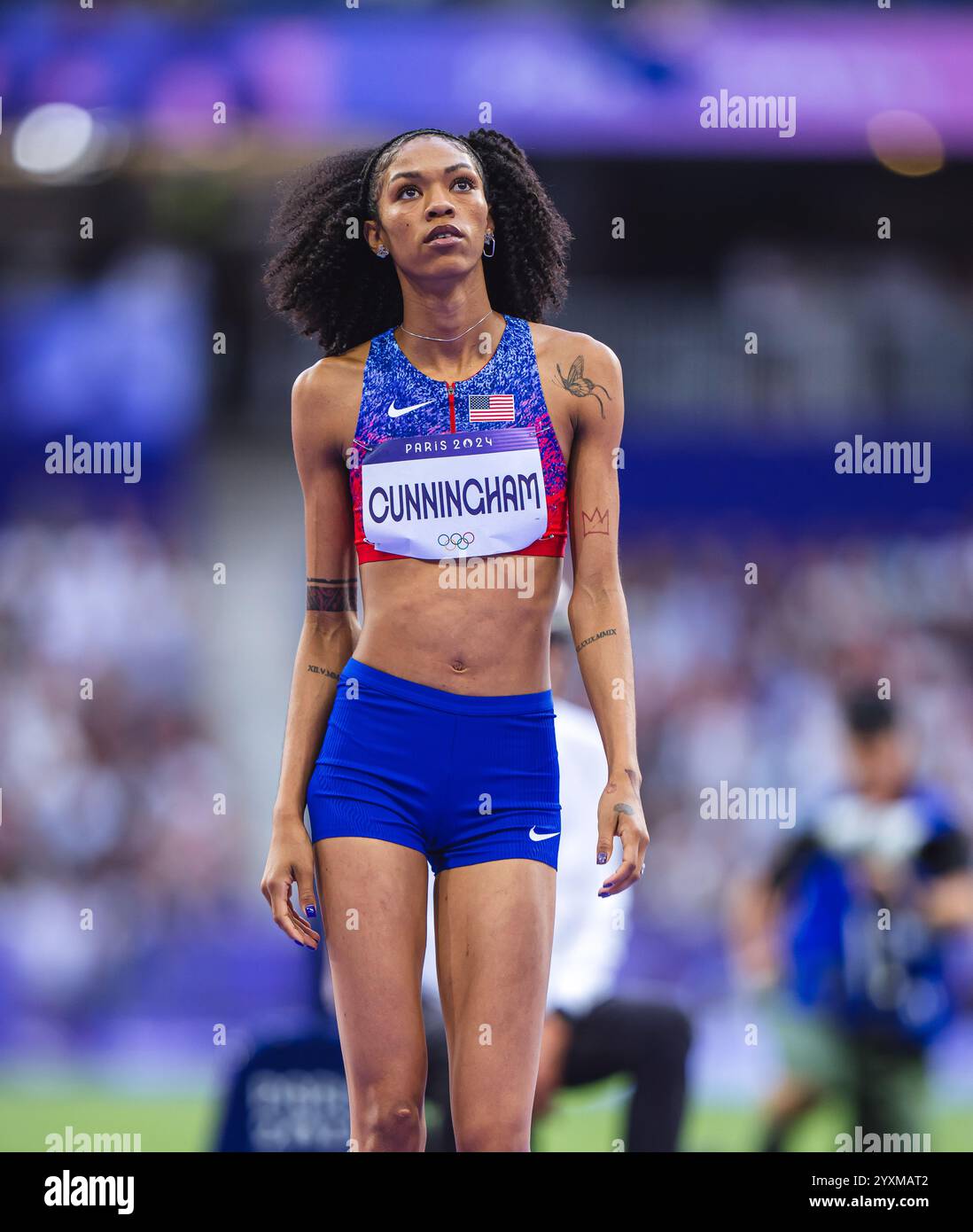 Vashti Cunningham participating in the high jump at the Paris 2024 ...