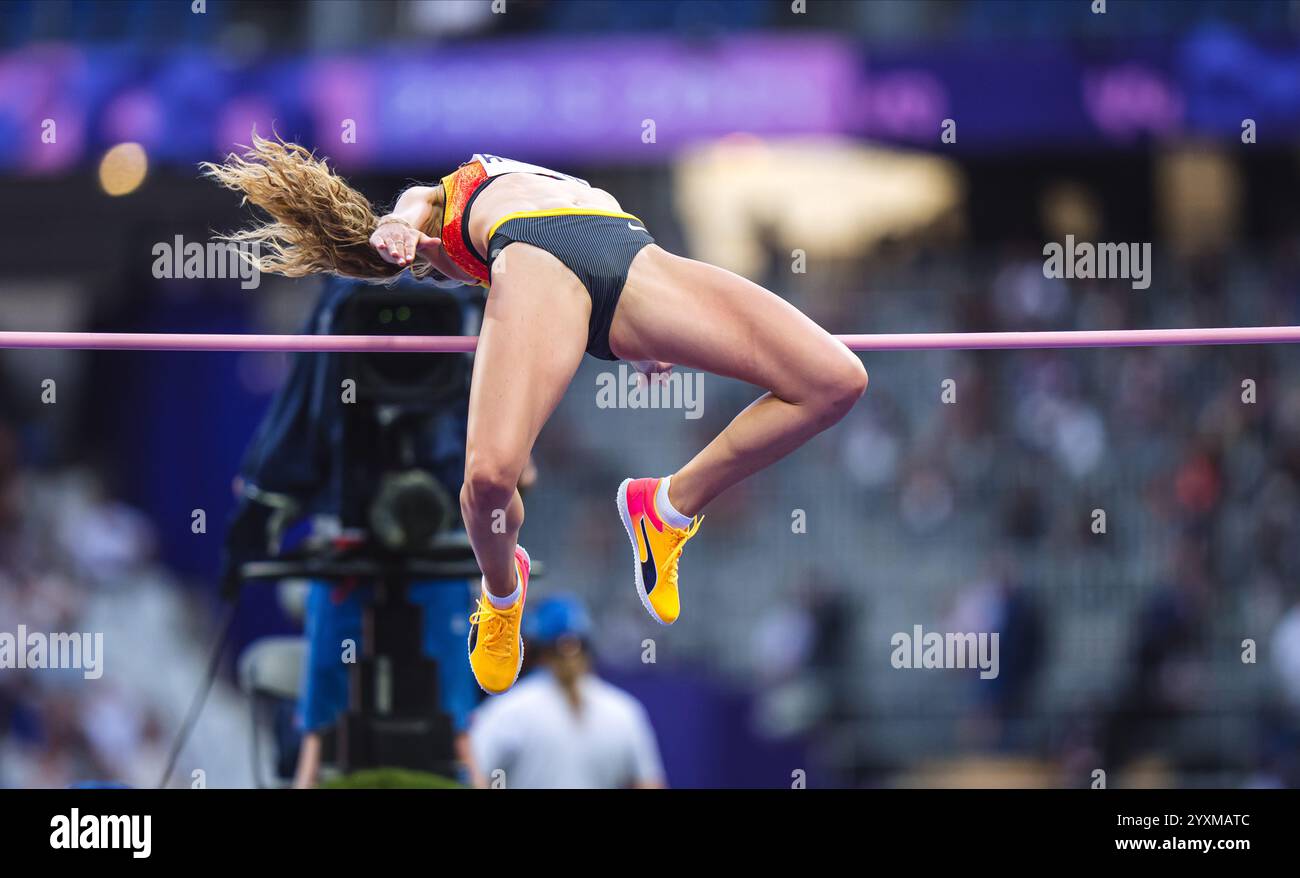 Christina Honsel participating in the high jump at the Paris 2024 ...
