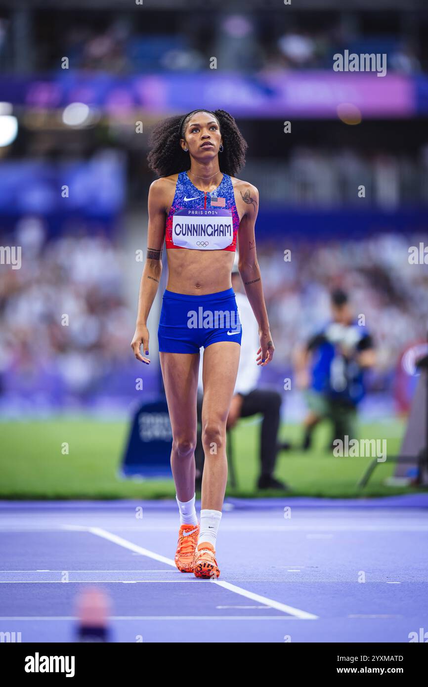 Vashti Cunningham participating in the high jump at the Paris 2024 ...