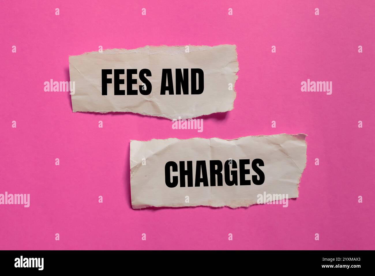 Fees and charges message written on ripped paper pieces with pink ...