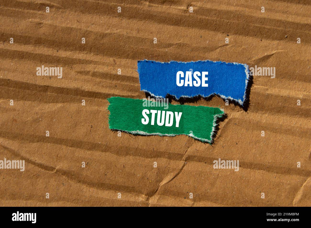 Case study message written on ripped torn paper pieces with cardboard background. Conceptual ...