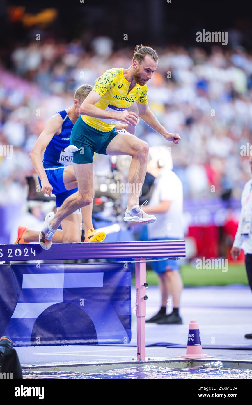 Ben Buckingham participating in the 3000 metres steeplechase at the Paris 2024 Olympic Games ...