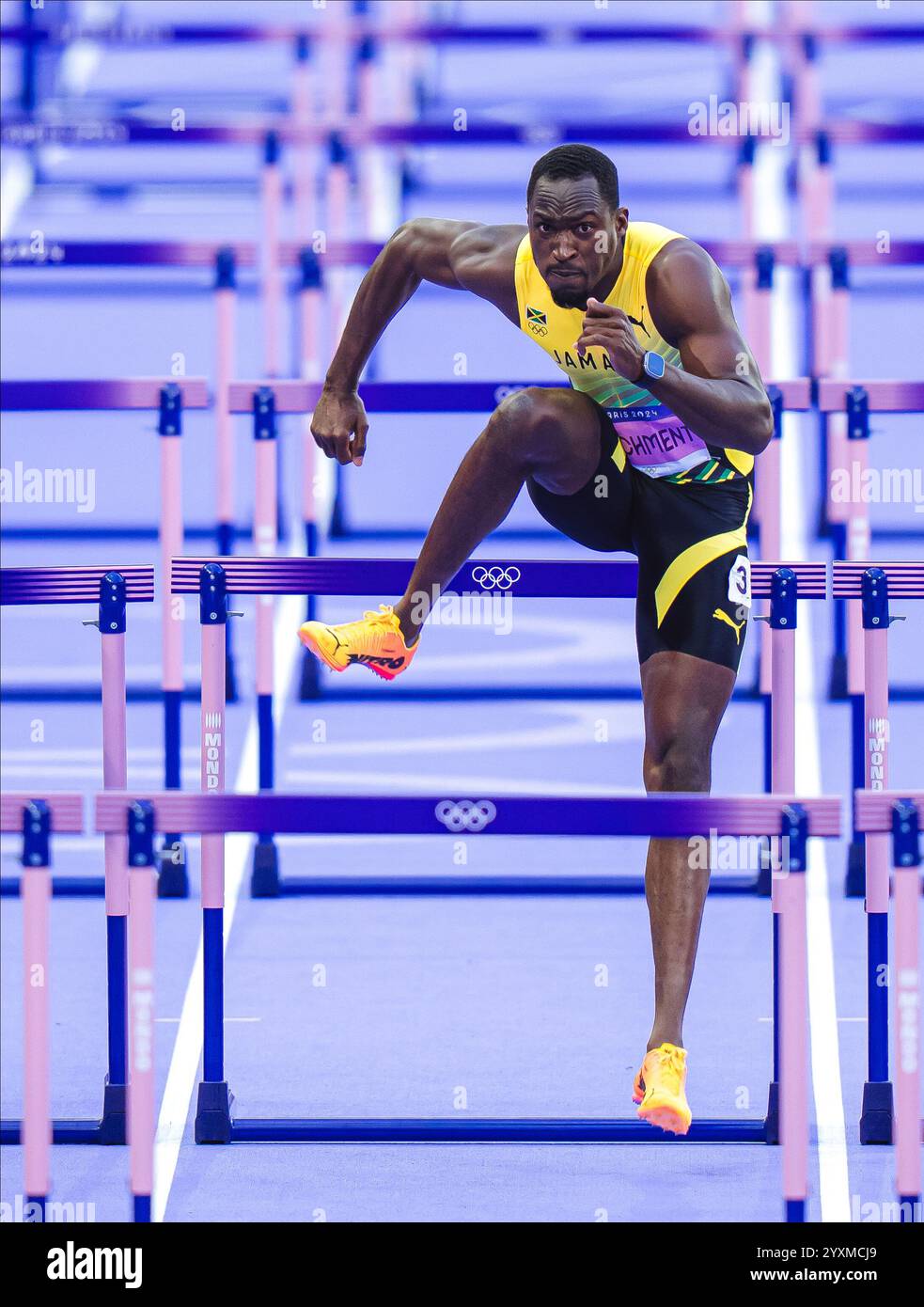 Hansle Parchment participating in the 110 meters hurdles at the Paris ...