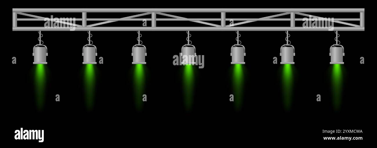 Stage lighting set. Green spotlights, metal frame, event lighting ...