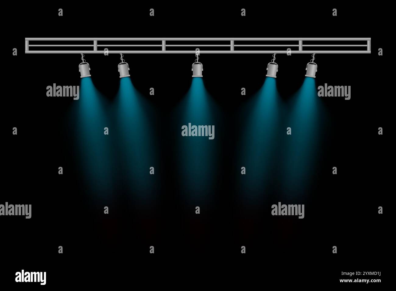 Stage lighting set. Five blue spotlights, hanging lamps, metal frame ...