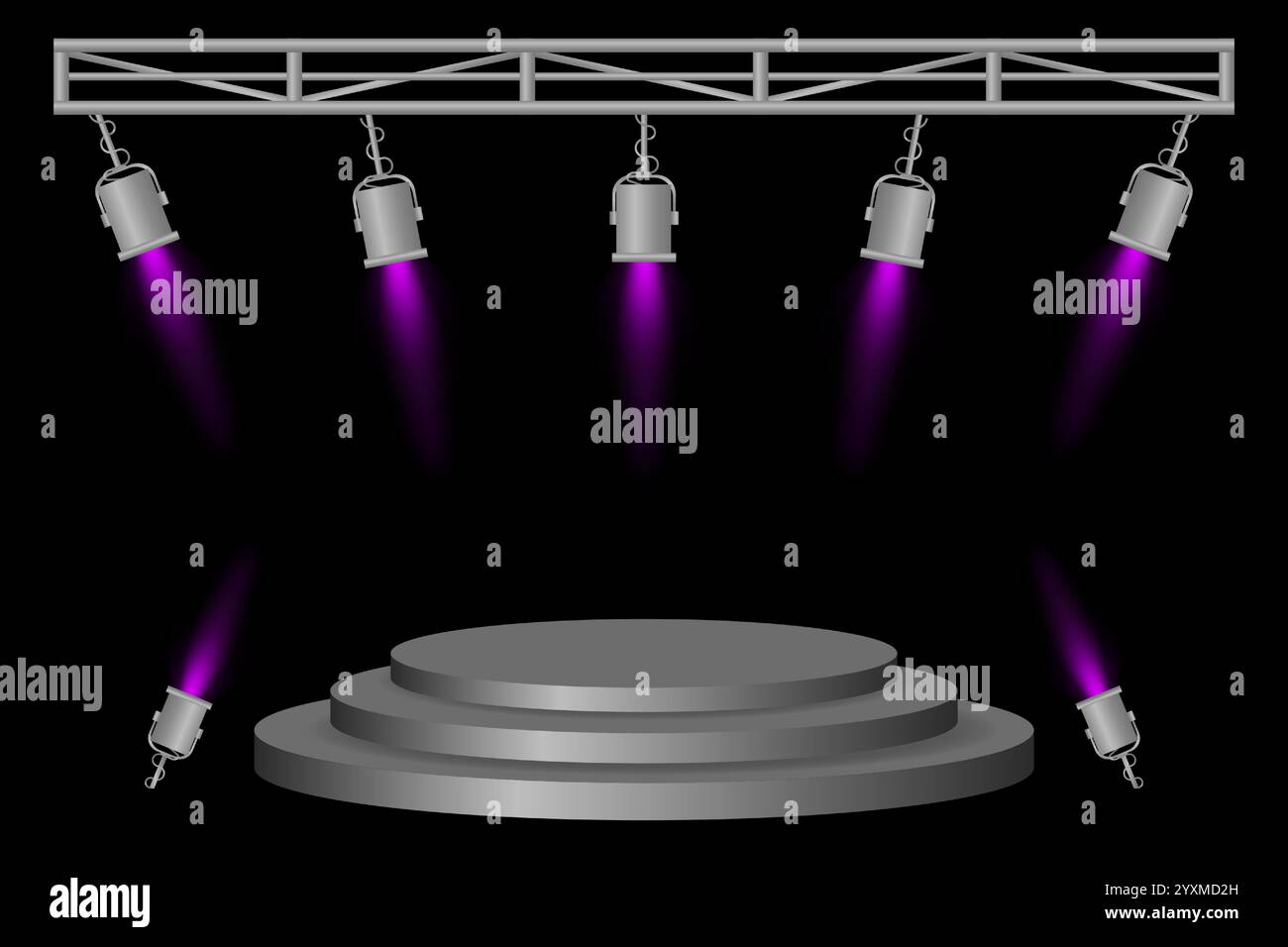 Stage podium set. Gray platform, purple spotlights, metal frame ...