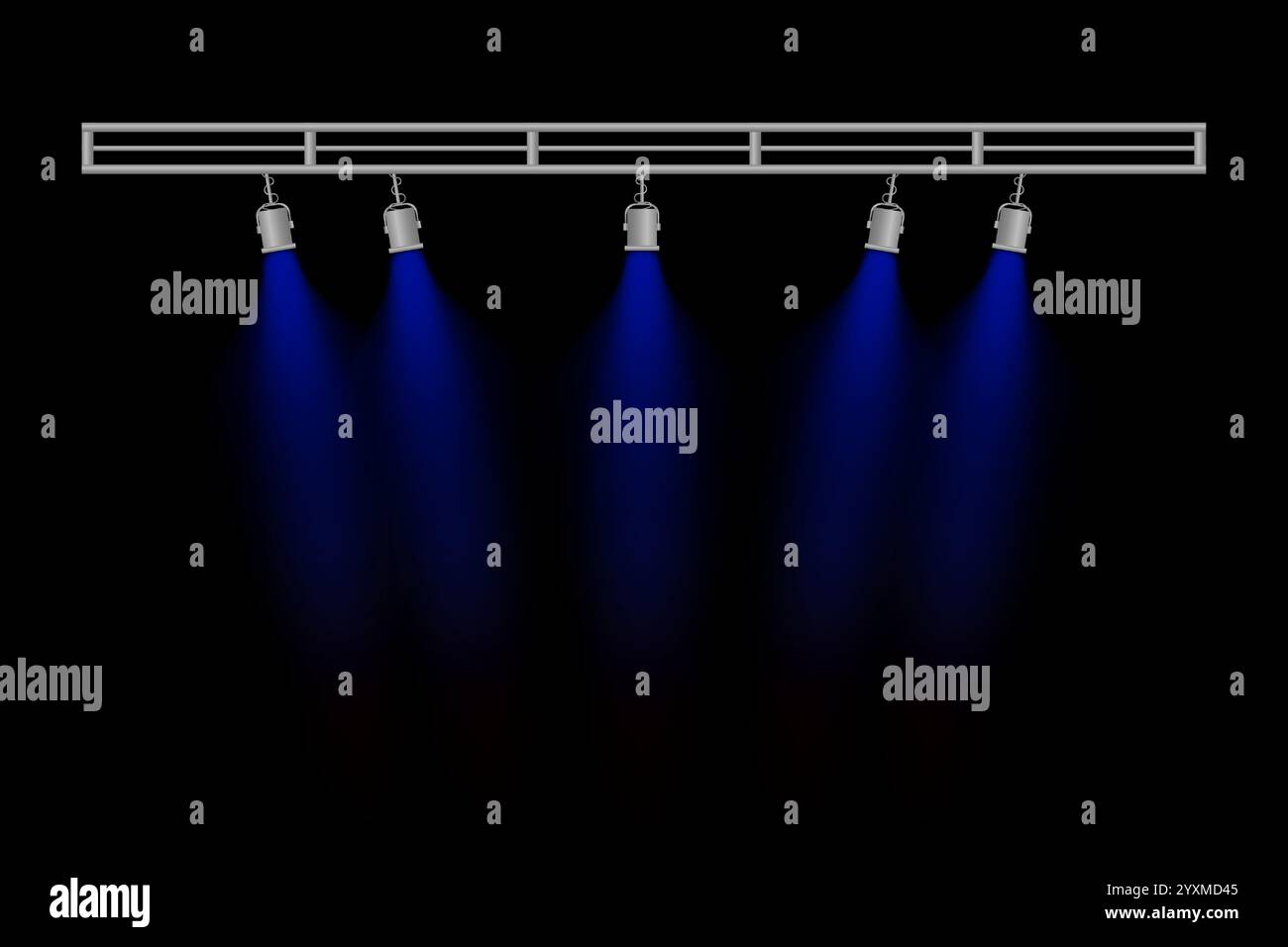 Stage lighting set. Five blue spotlights, hanging lamps, metal frame ...