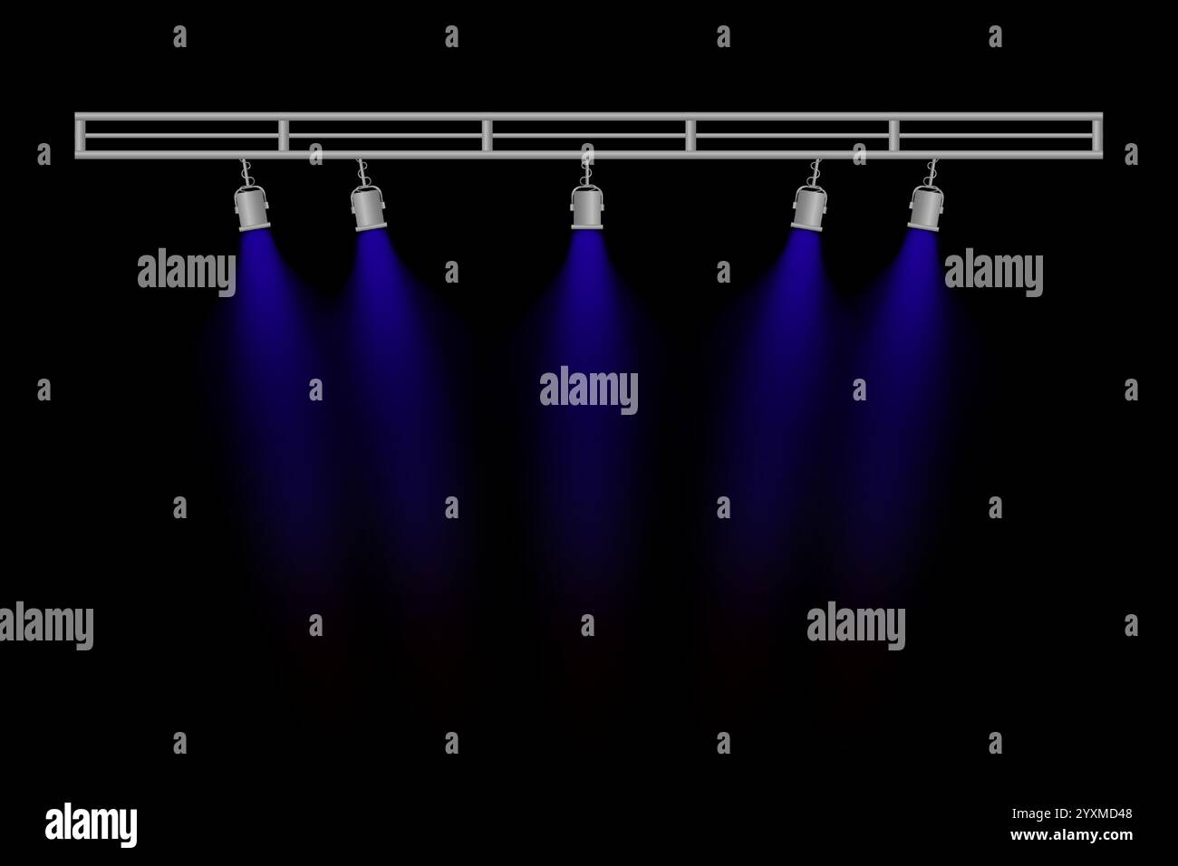 Stage lighting set. Five blue spotlights, hanging lamps, metal frame ...