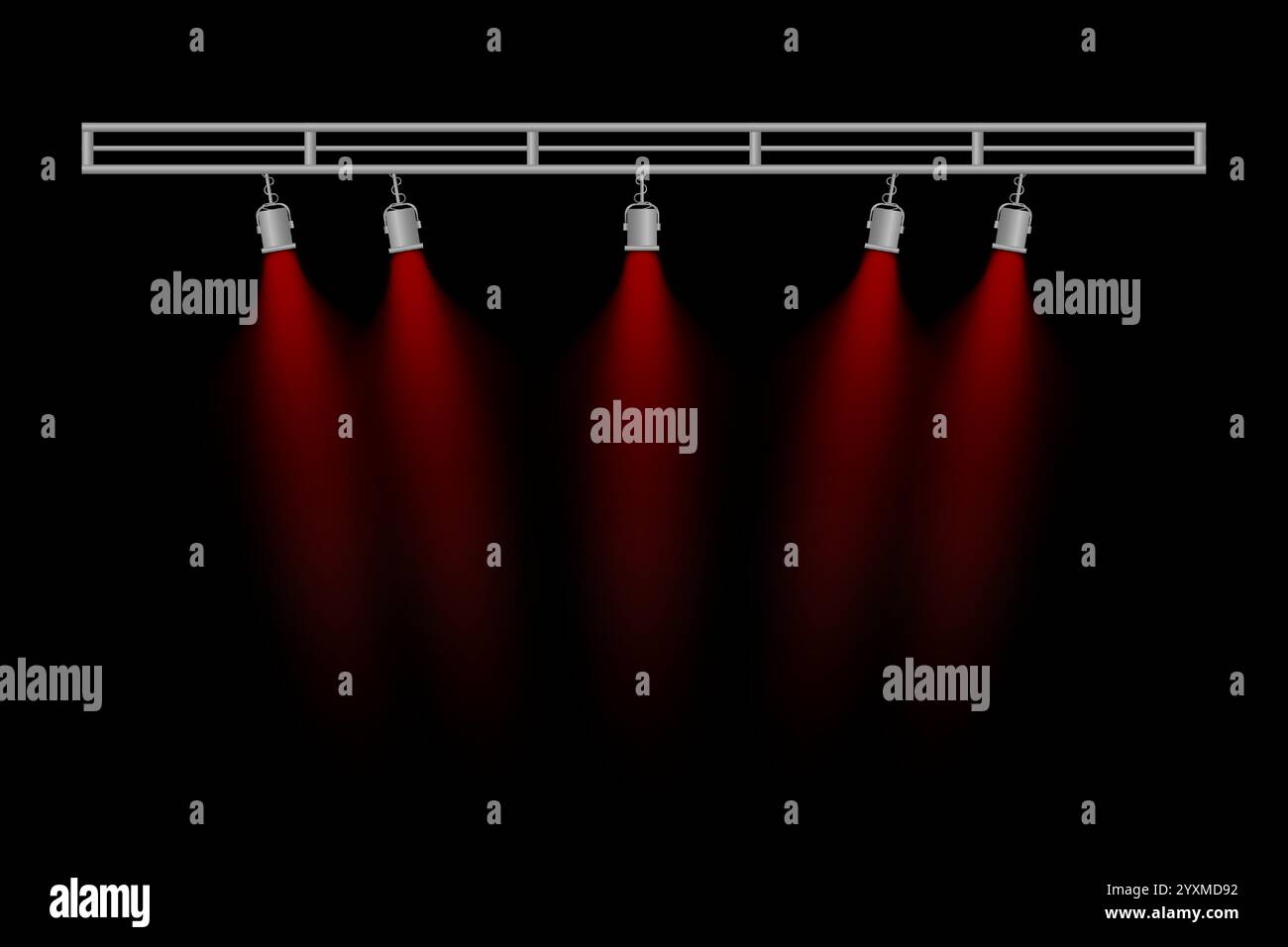 Stage lighting set. Five red spotlights, hanging lamps, metal frame ...