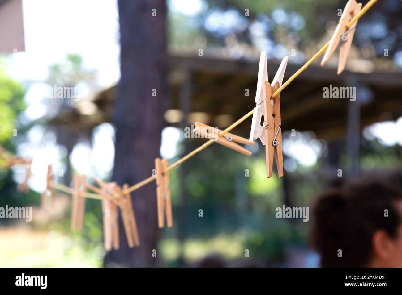 A collection of clothes pins is hanging on a clothes line outdoors ...