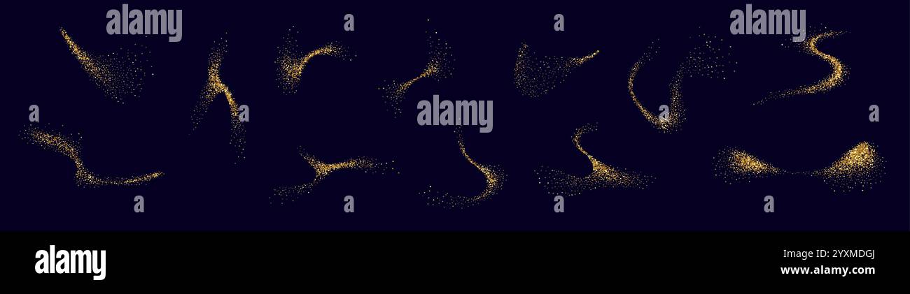 Golden dust and glitter trail with sparkling stars and light waves ...