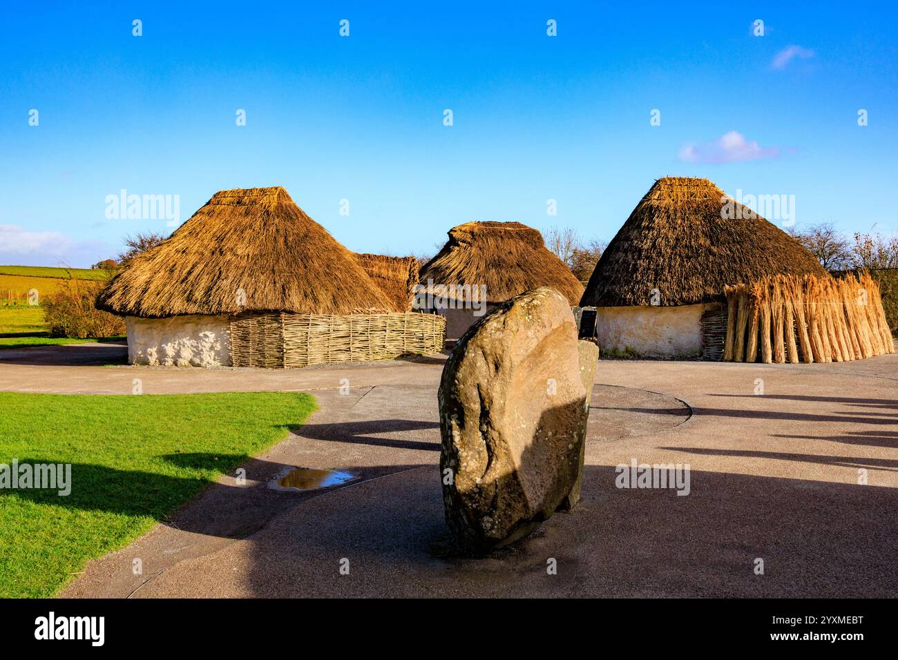 Replica thatched Neolithic houses outside the visitor centre at ...