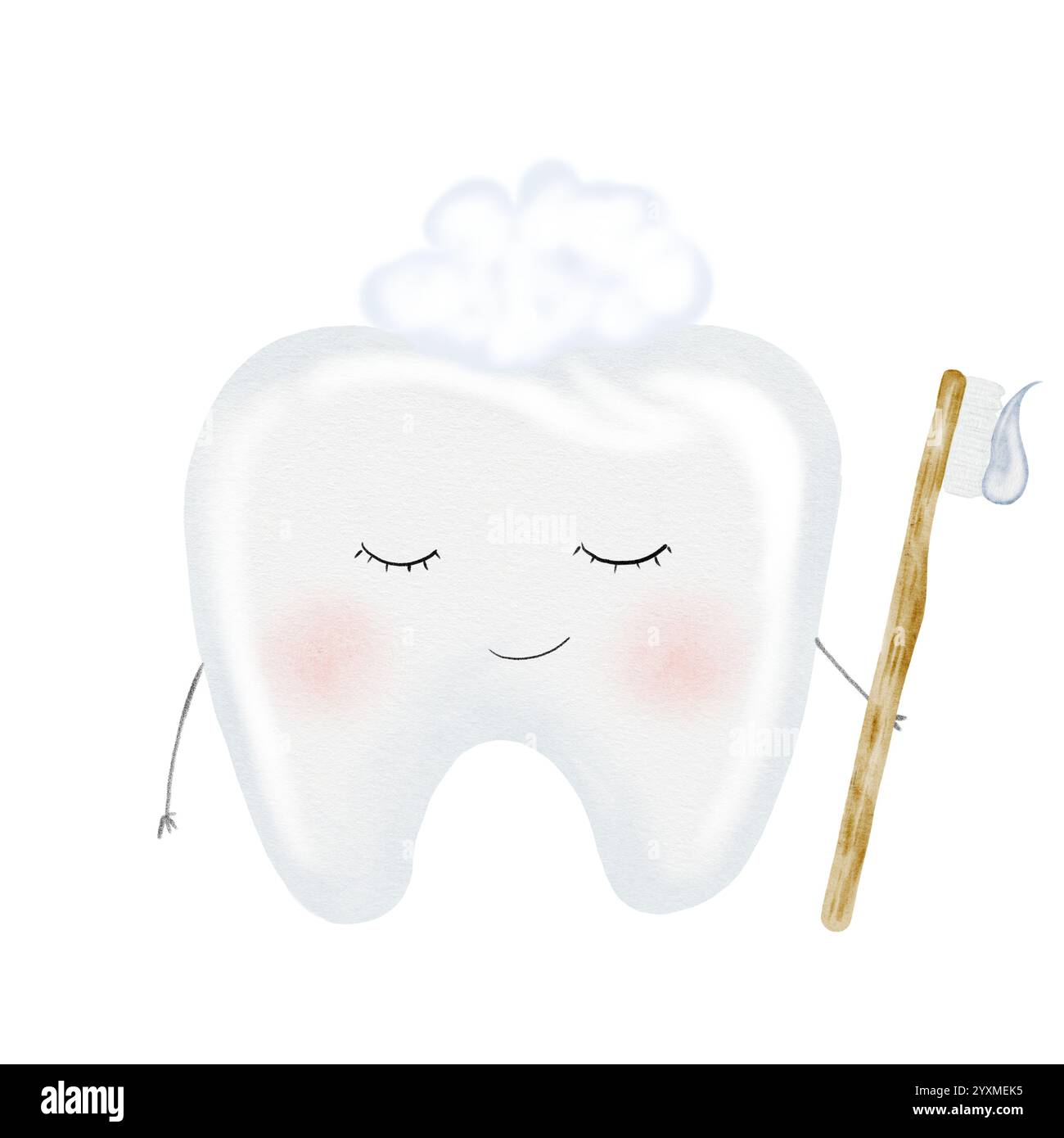 Tooth watercolor. Cute cartoon baby molar with toothbrush on isolated ...