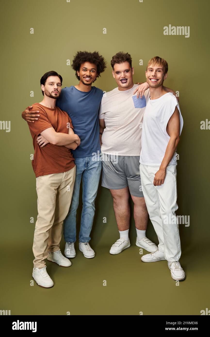 A diverse group of four friends stands together, showcasing their ...