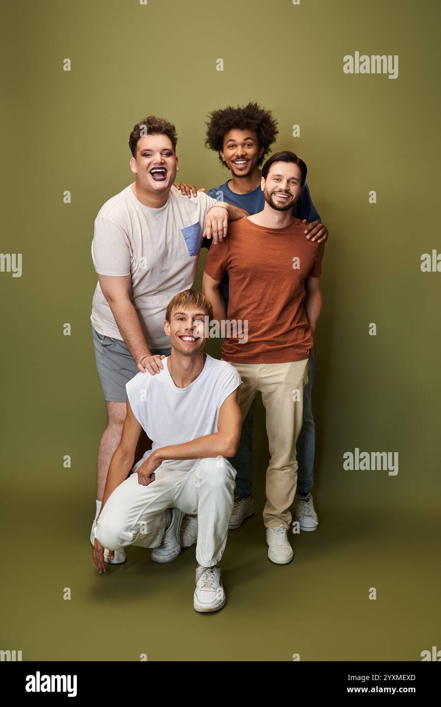 Four joyful men express pride together, showcasing their courage and ...
