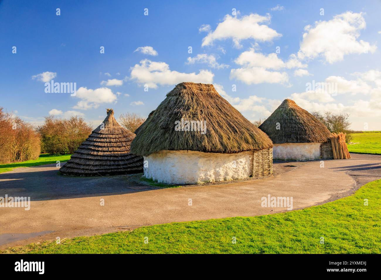 Replica thatched Neolithic houses outside the visitor centre at ...