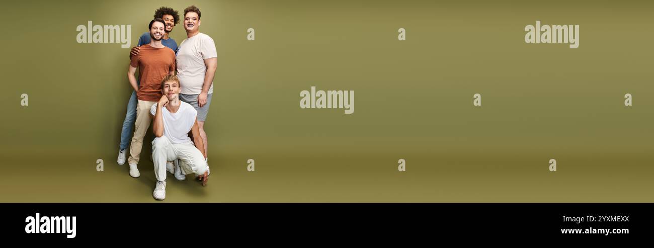 A group of four diverse queer friends poses happily, celebrating love ...