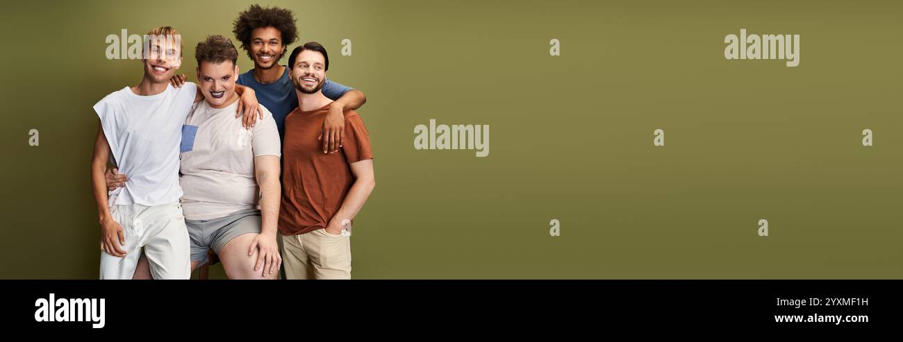 Four friends warmly embrace, celebrating love and vibrant queer ...