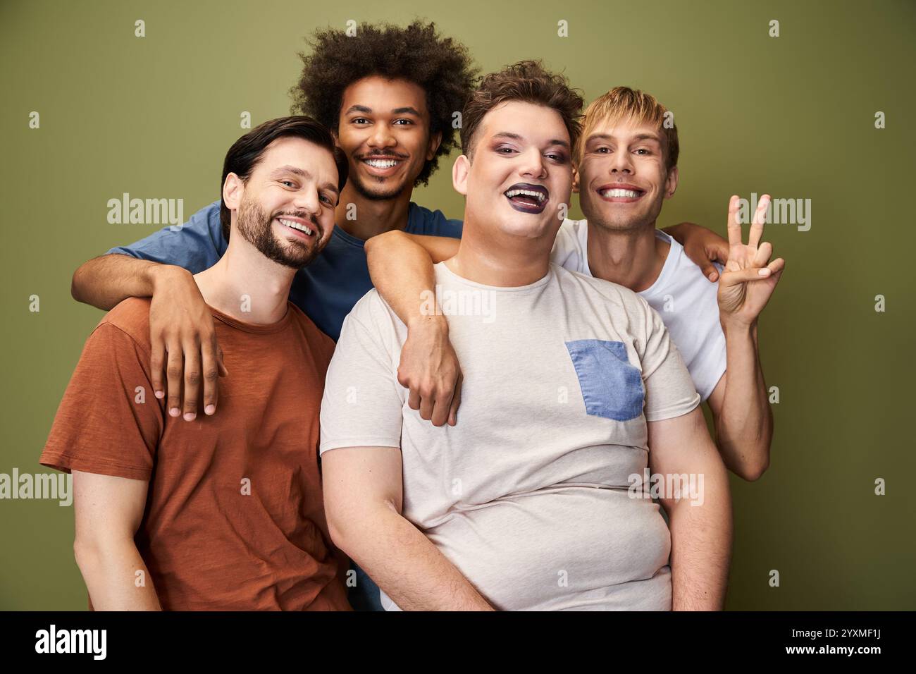 A diverse group of friends joyfully supports each other in a vibrant ...