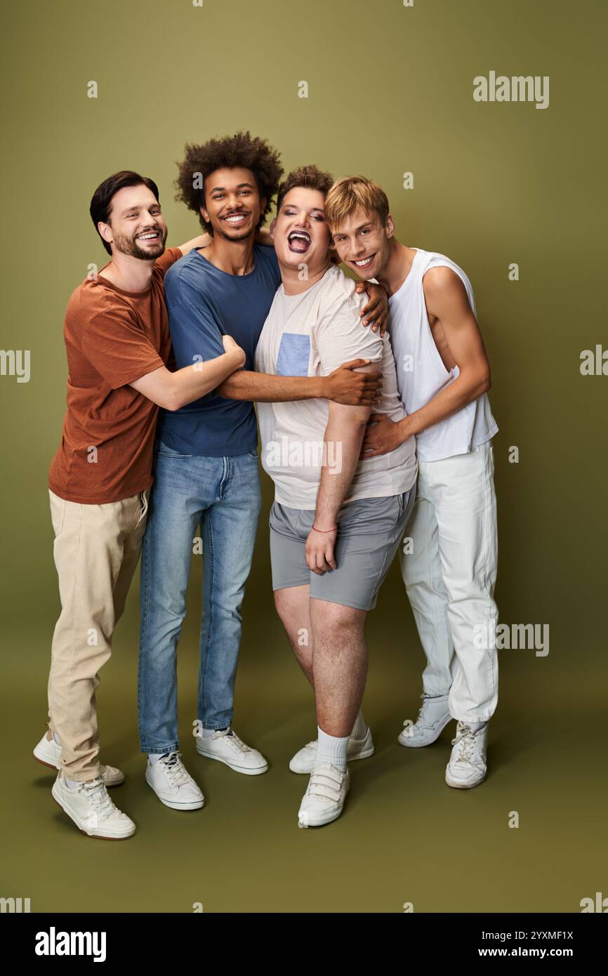A diverse group of queer friends stands together, radiating joy and ...