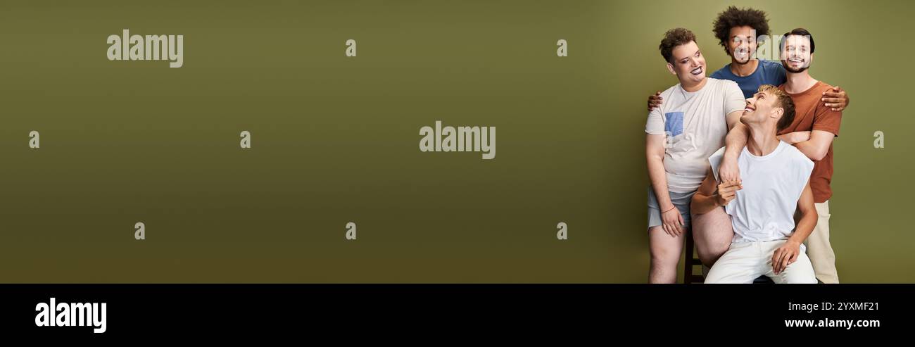 Four friends express joy and pride while embracing their vibrant ...