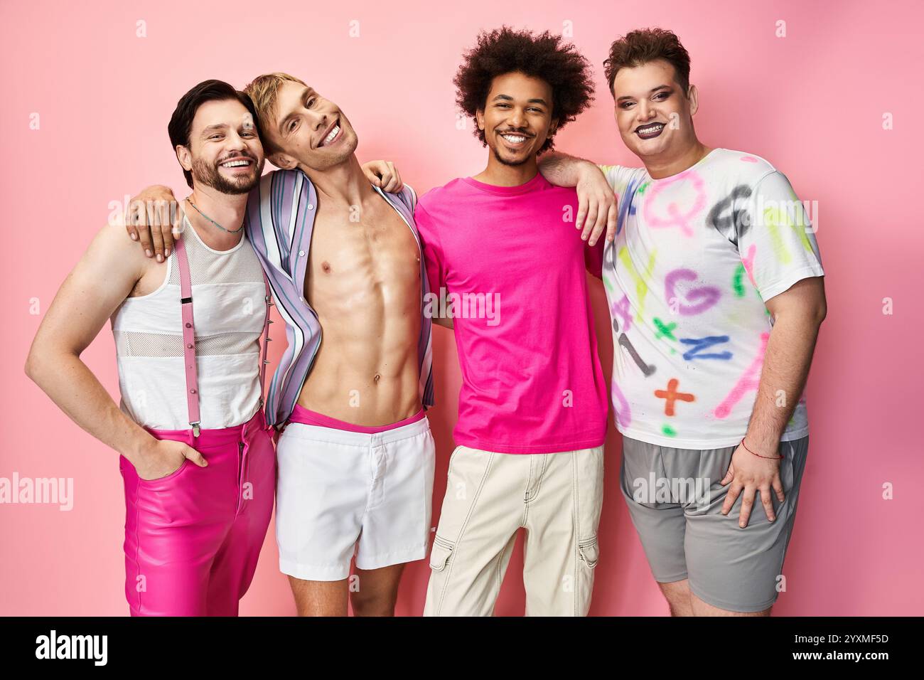 Four friends express their joy and pride in vibrant attire, celebrating ...