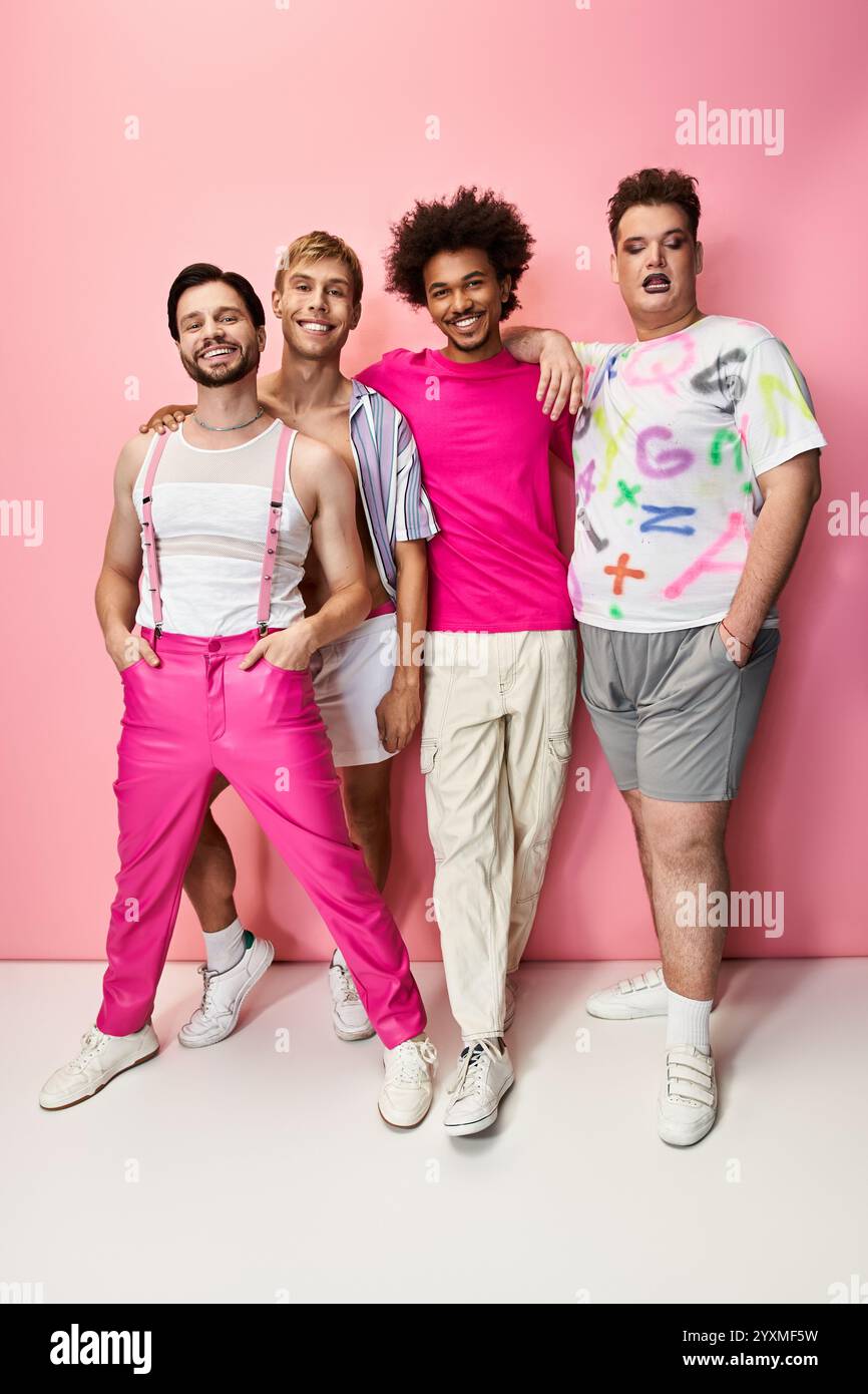 Four friends pose joyfully in bright, bold outfits, showcasing their ...