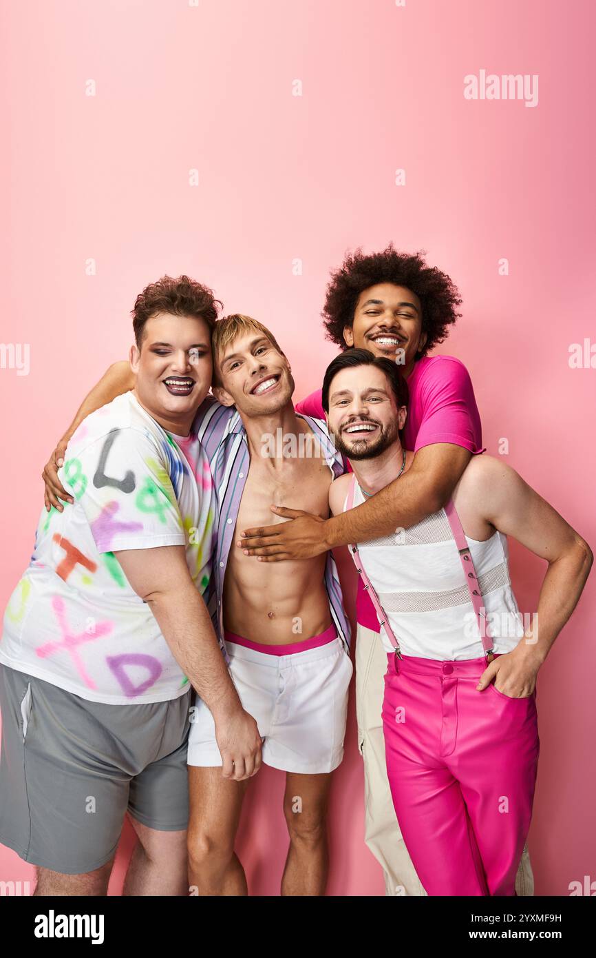 Four friends joyfully embrace, showcasing their vibrant outfits in ...