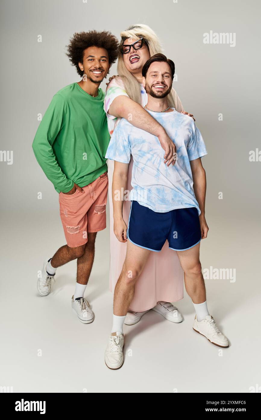 Three friends share laughter and joy, showcasing their vibrant ...