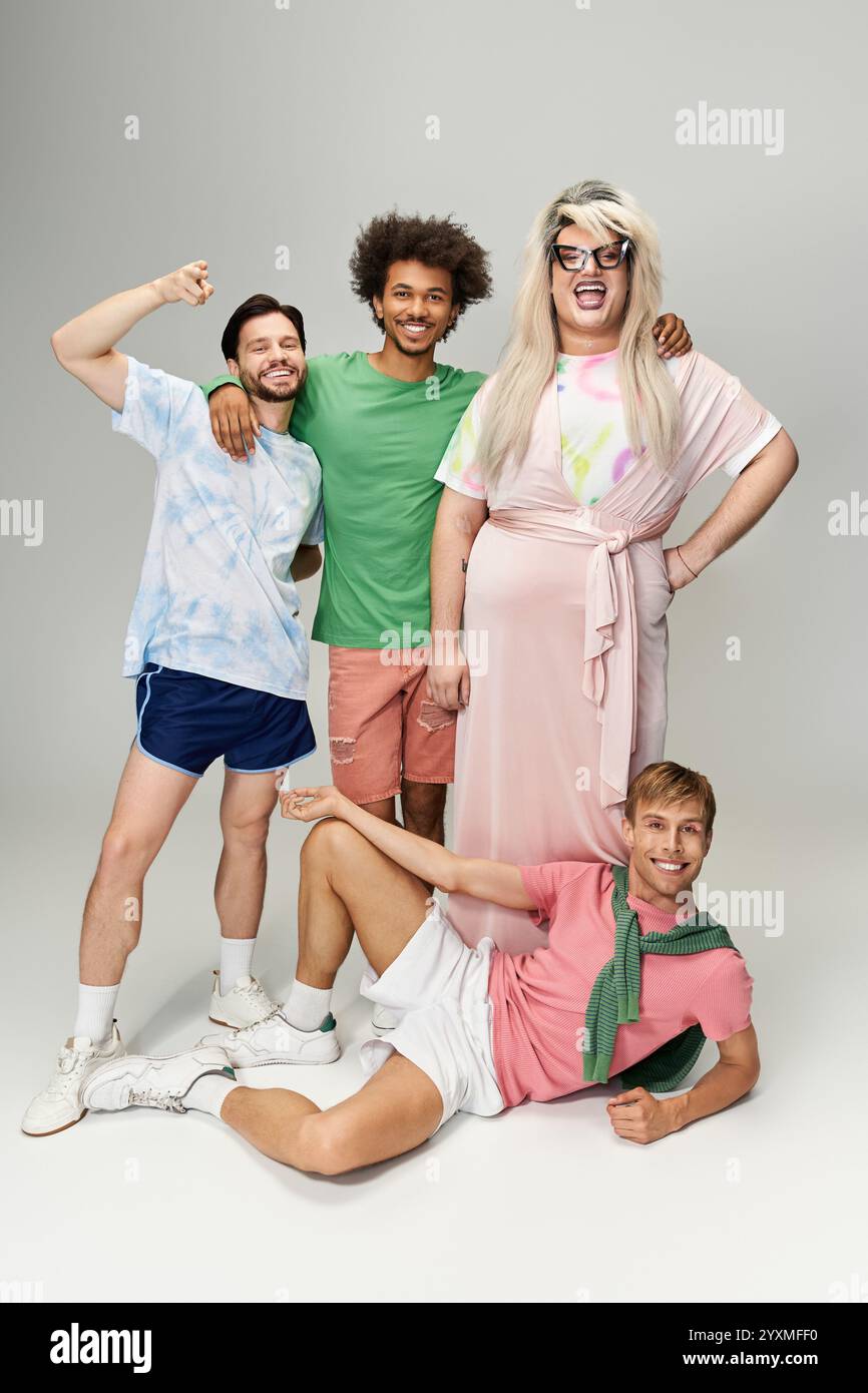 Four friends pose together in vibrant outfits, showcasing joy and ...