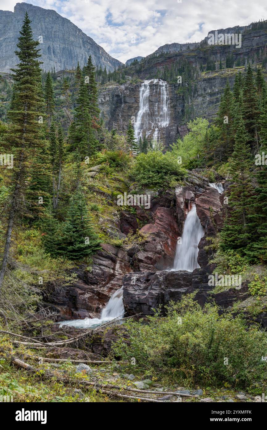 Pyramid Peak Creek waterfalls, near Mokowanis Lake, Glacier National ...