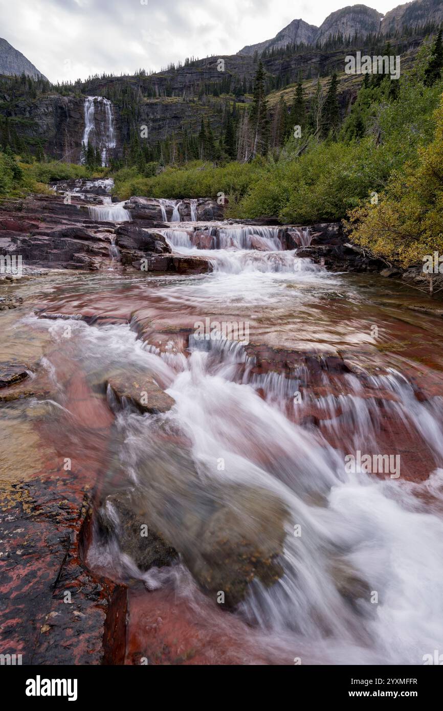 Pyramid Peak Creek waterfalls, near Mokowanis Lake, Glacier National ...