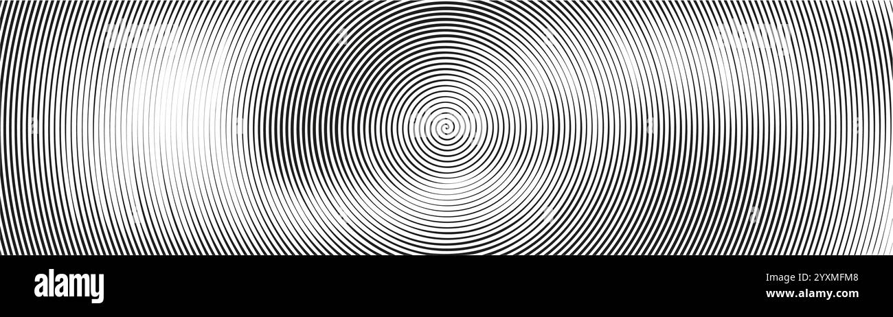 Abstract spiral pattern background with concentric circular shapes and radial effect. Black and ...