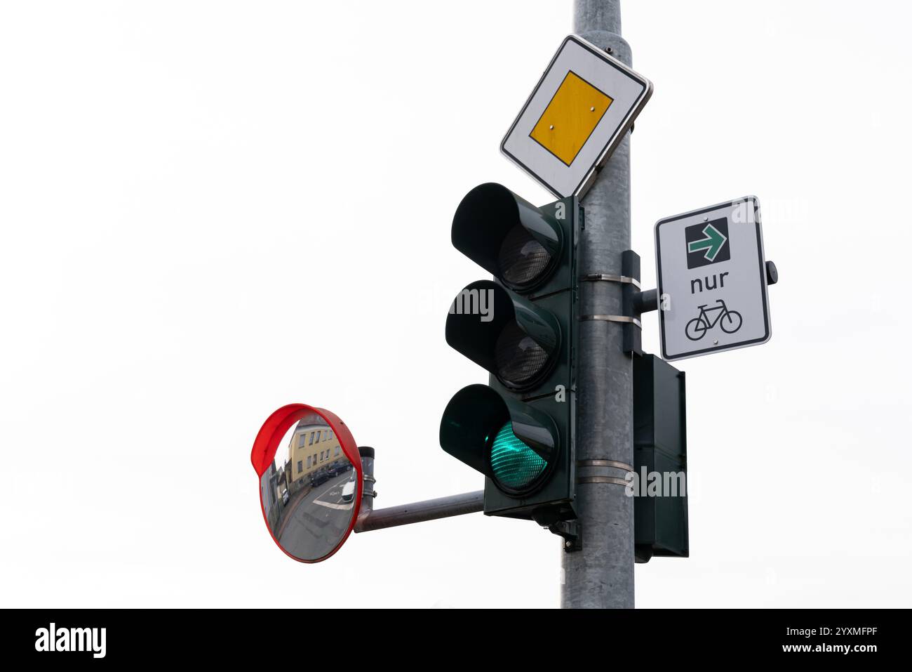 A traffic light showing green, with a bicycle sign indicating a bike ...
