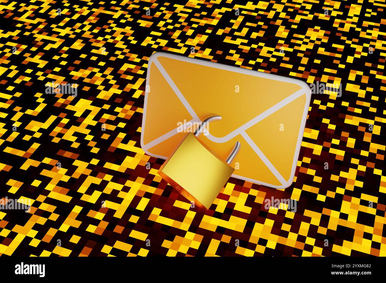 Yellow email icon locked by a golden padlock on digital background ...