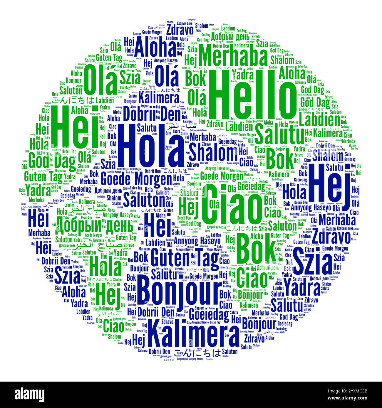 Hello in different languages word cloud Stock Photo - Alamy