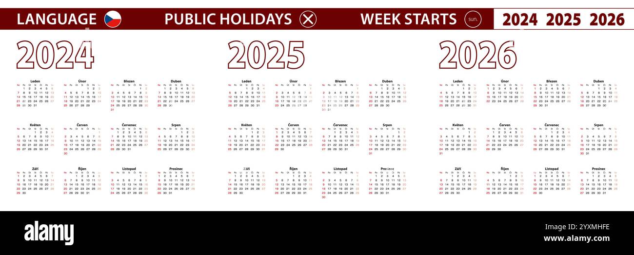 2024, 2025, 2026 year vector calendar in Czech language, week starts on Sunday. Vector calendar ...