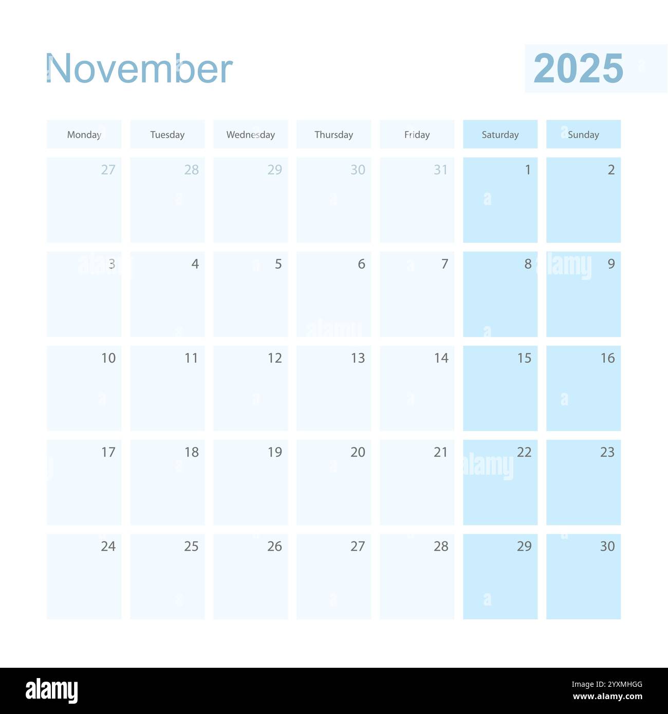 2025 November wall planner in blue pastel color, week starts on Monday ...