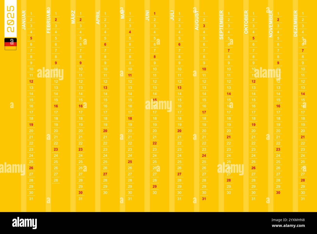 One-row vertical calendar for the year 2025 in German. German calendar ...