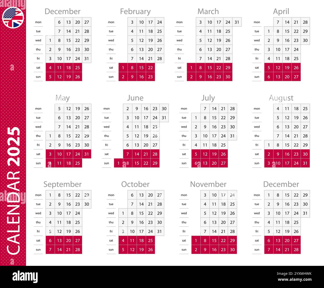 2025 calendar with vertical grid. Vector calendar template Stock Vector ...