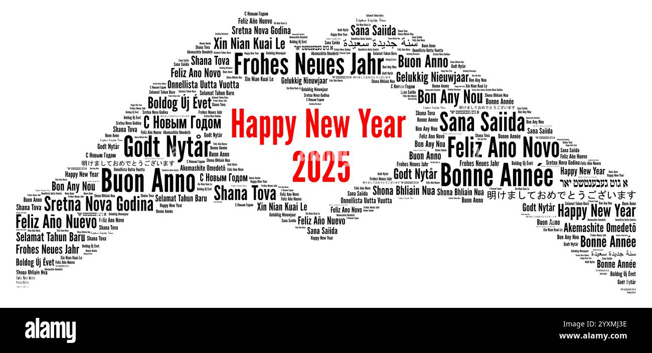 Happy New Year 2025 word cloud in different languages Stock Photo - Alamy