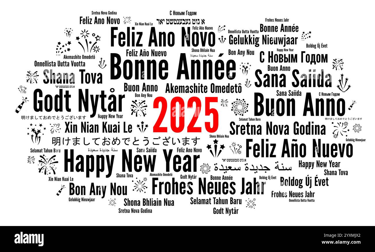 Happy New Year 2025 word cloud in different languages Stock Photo - Alamy