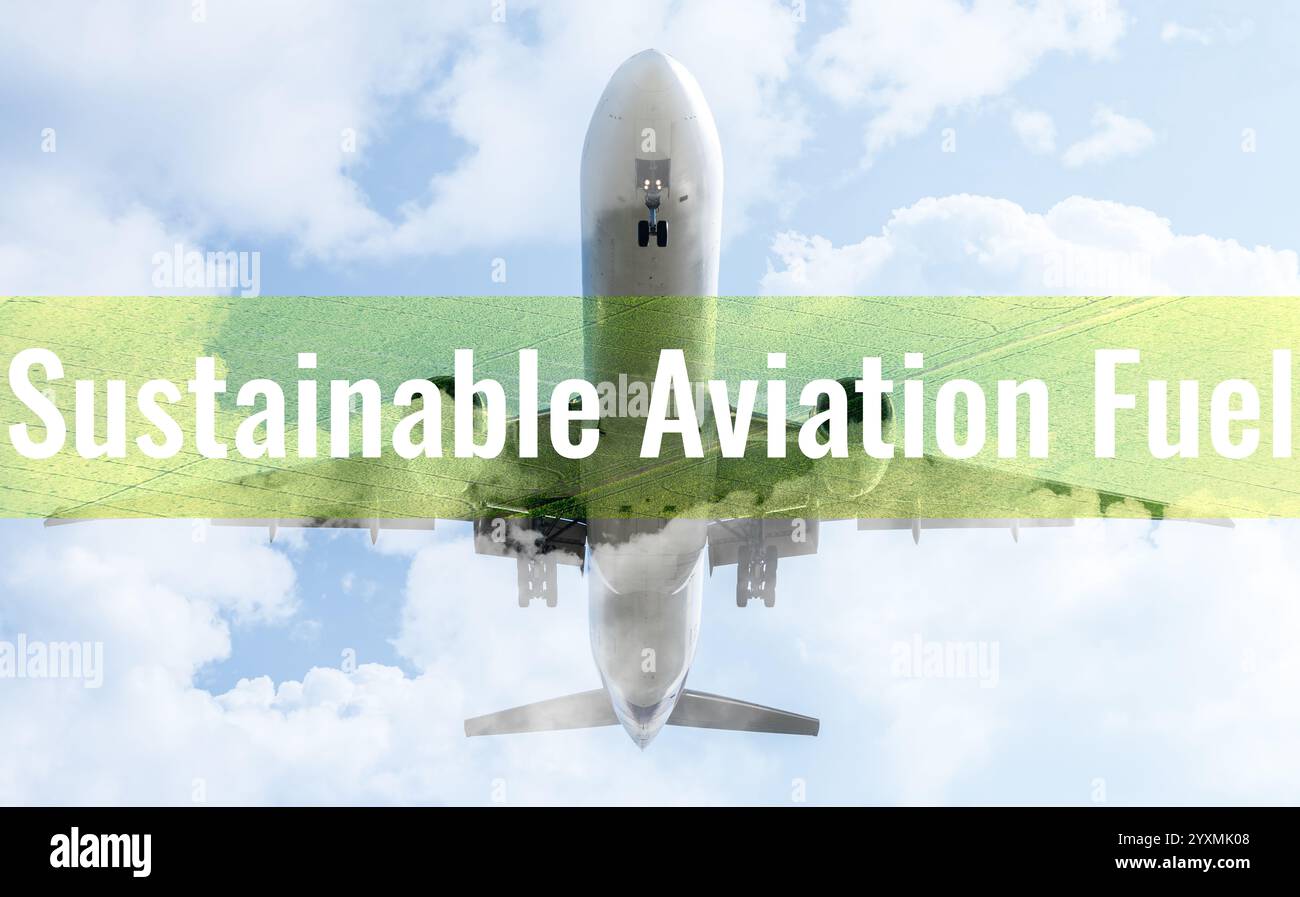 Sustainable aviation fuel concept. Net zero emissions flight. Sustainability transportation. Eco ...