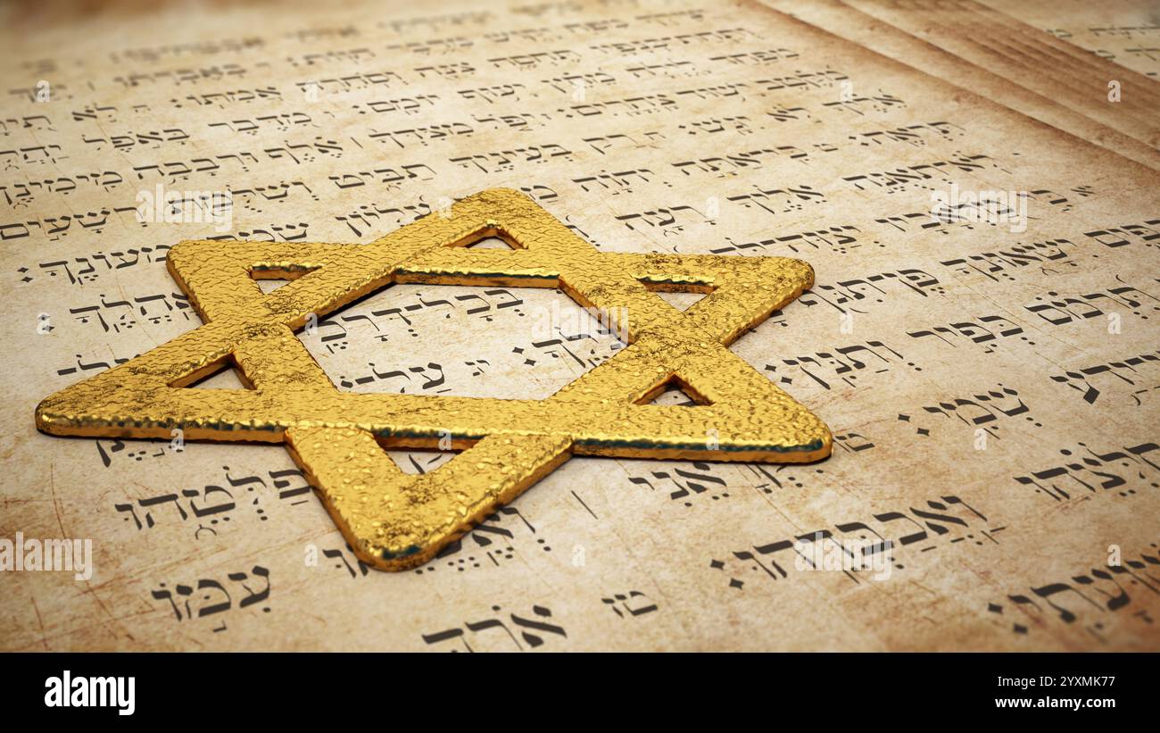 Star of David standing on ancient Hebrew scroll. 3D illustration Stock ...