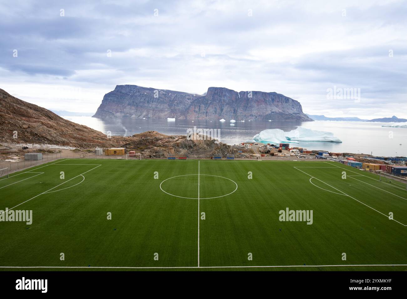 Uummannaq football field, northwest of Greenland, located on an island ...